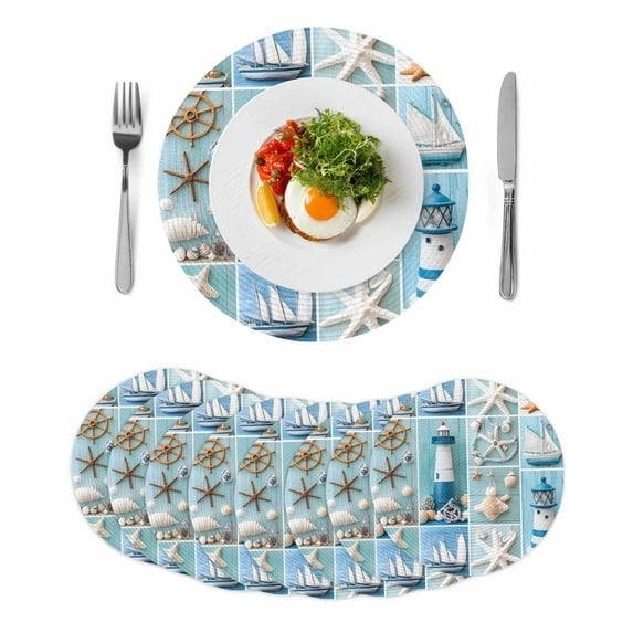Coastal Nautical Round Table Placemats set of 8, Beach Anchor ...