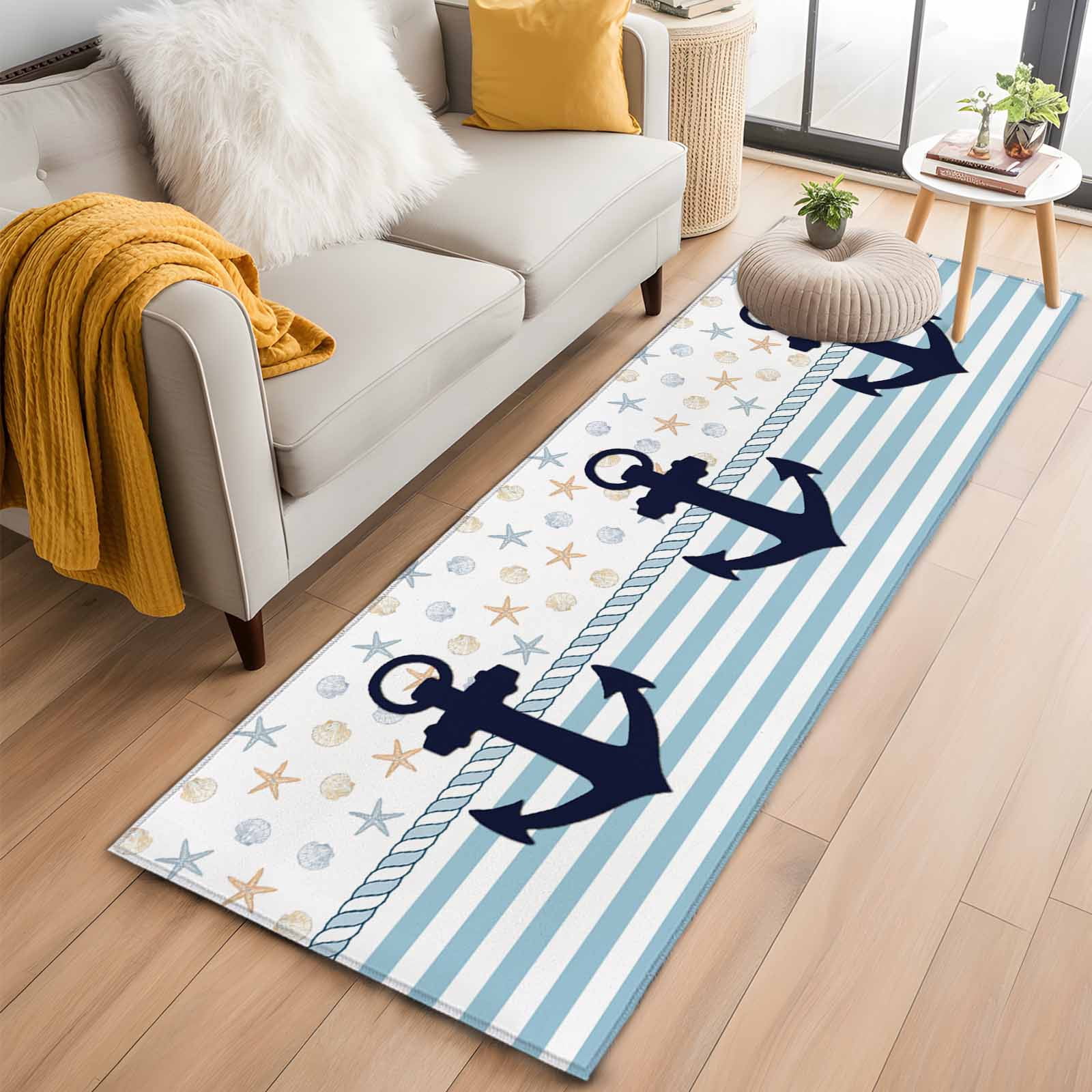 Coastal Nautical Runner Rug 2x6 FT,Non Slip Hallway Rugs,Blue Striped ...