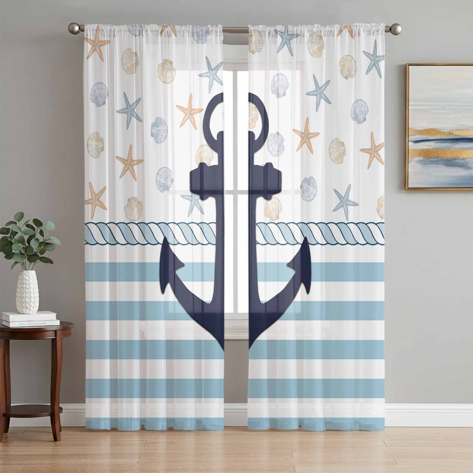 Coastal Nautical Semi Sheer Curtains 108 Inch Length 2 Panels Set, Blue ...