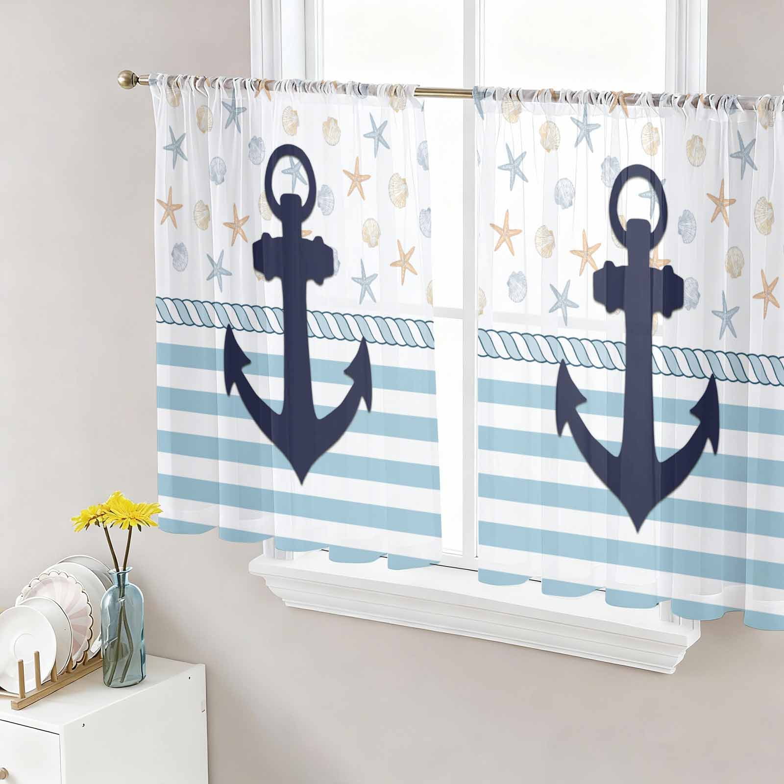 Coastal Nautical Semi Sheer Curtains 45 Inch Length 2 Panels Set, Blue ...