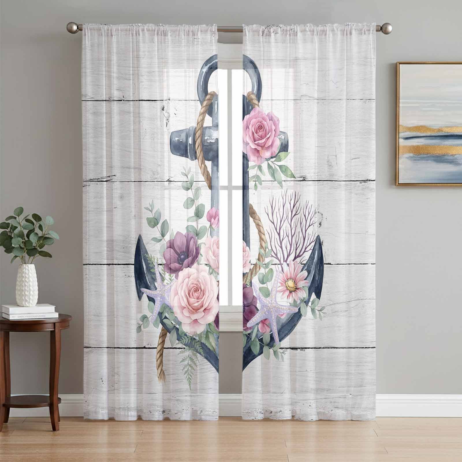 Coastal Nautical Semi Sheer Curtains 72 Inch Length 2 Panels Set ...