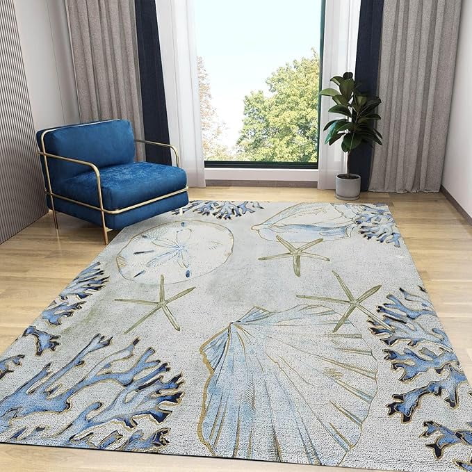 Coastal Nautical Shells Coral Starfish Area Rugs, Retro Blue Sea Life ...