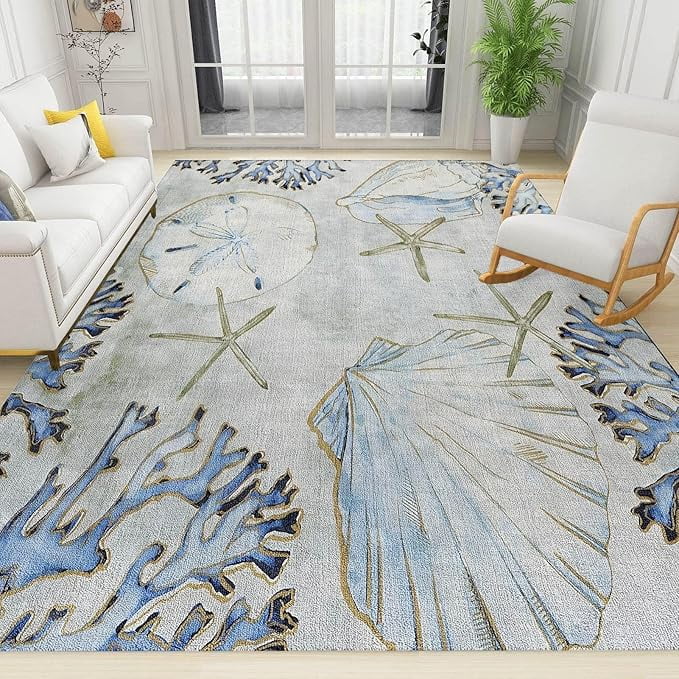 Coastal Nautical Shells Coral Starfish Area Rugs, Retro Blue Sea Theme ...
