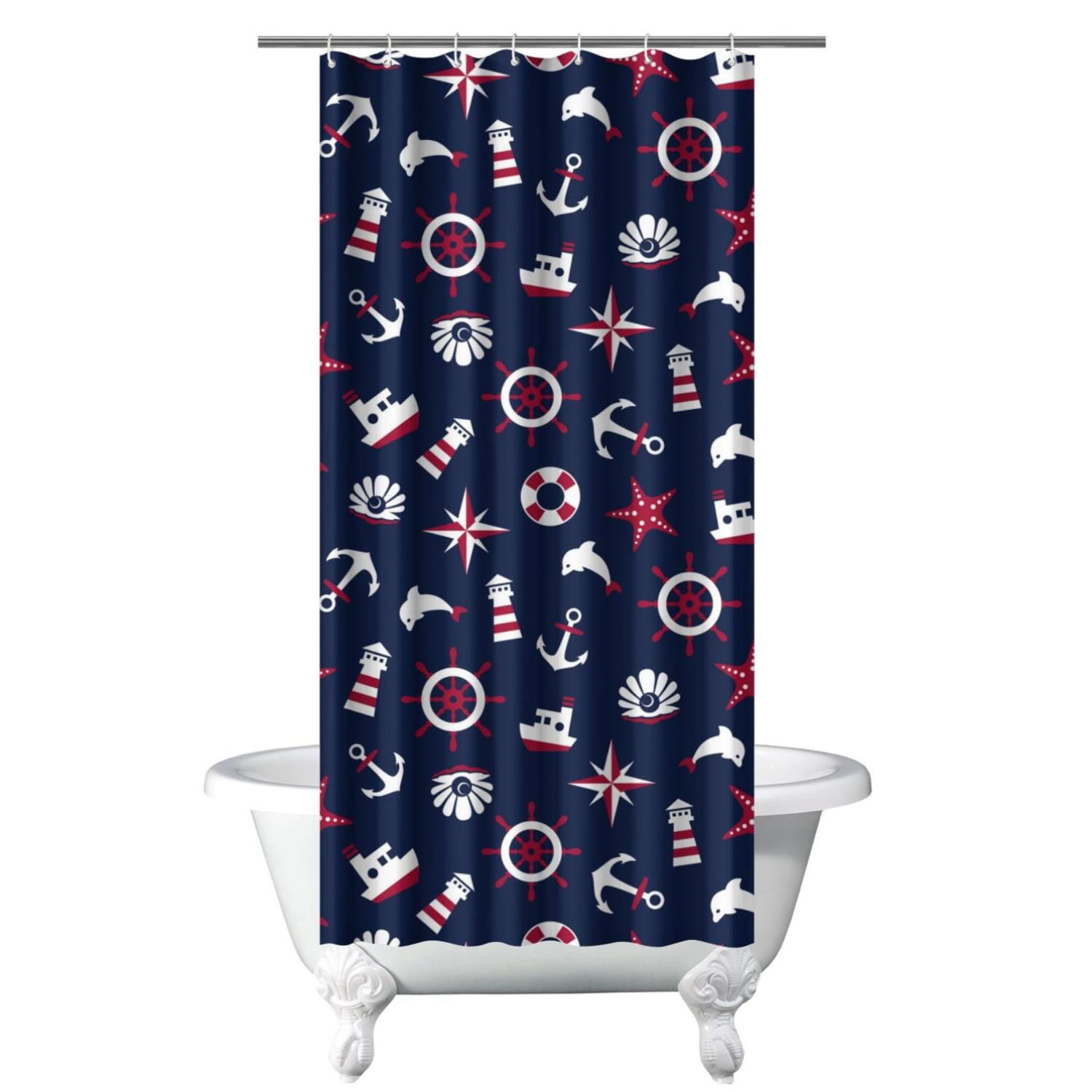 Coastal Nautical Shower Curtain with Anchor, Boat, Sea, Marine, and Ocean Waves Pattern ...