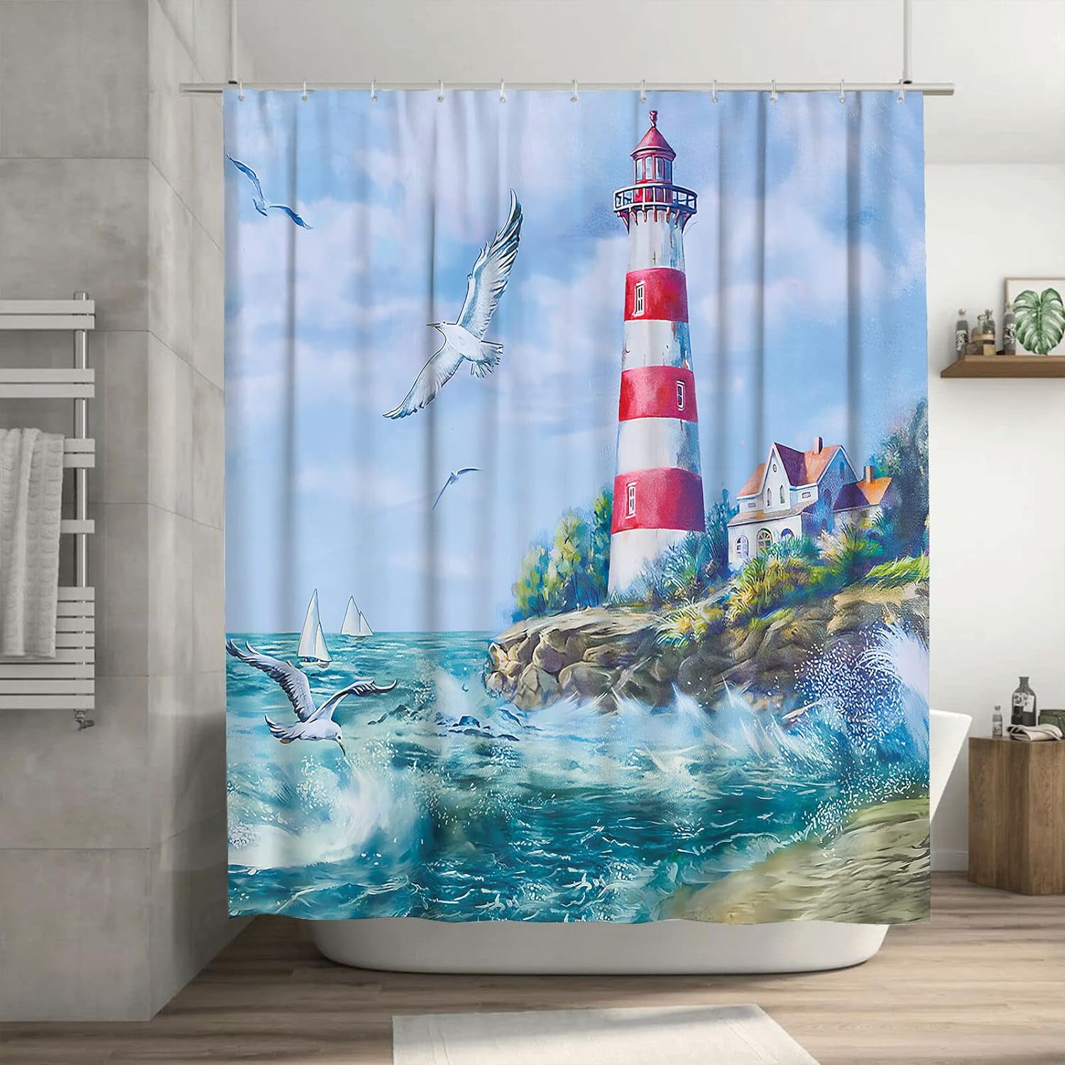 Coastal Nautical Shower Curtain Lighthouse Ocean Shower Curtains Beach ...