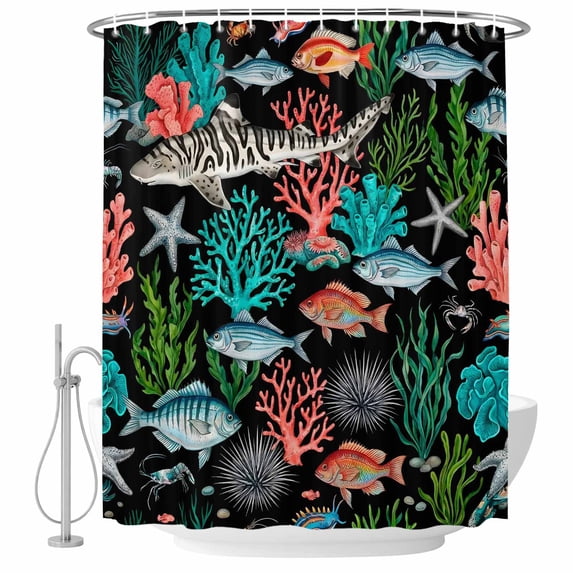 Coastal Nautical Shower Curtain Set with Hooks, Coral Starfish Fish The ...
