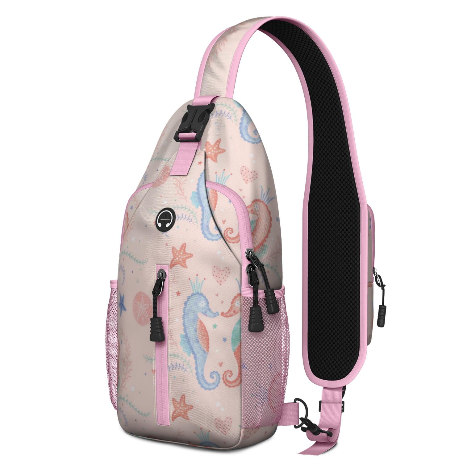 Coastal Nautical Sling Backpack with Seashells, Waves, Seaweed and ...