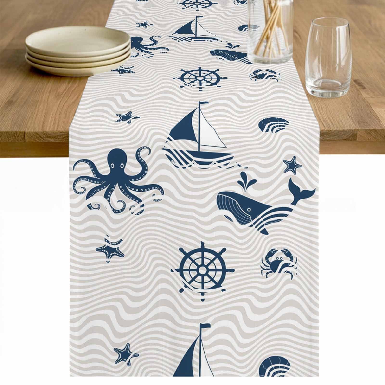 Coastal Nautical Table Runner - 36 Inch Long Summer Ocean Octopus ...