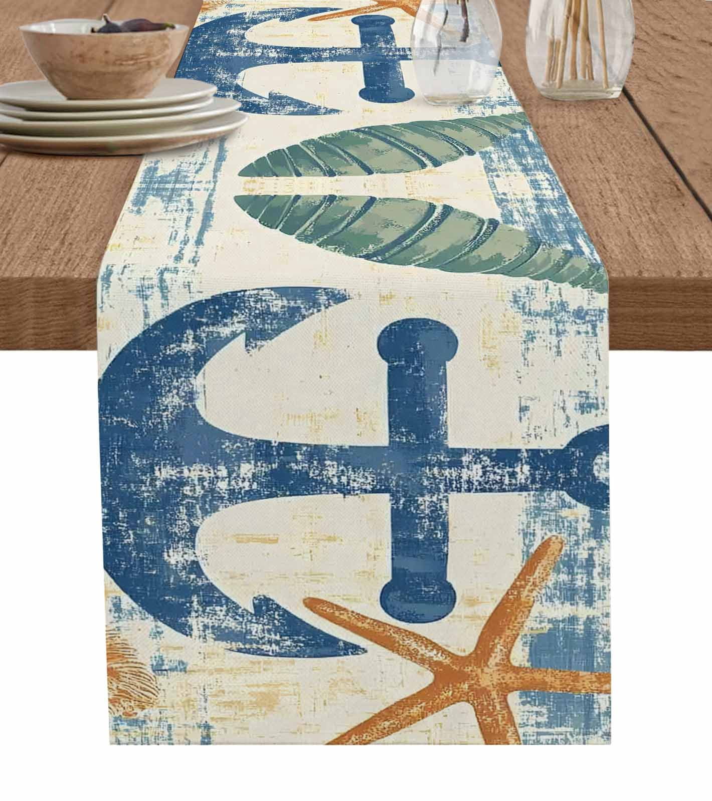 Coastal Nautical Table Runner 60 Inches, Summer Vintage Anchor Starfish ...