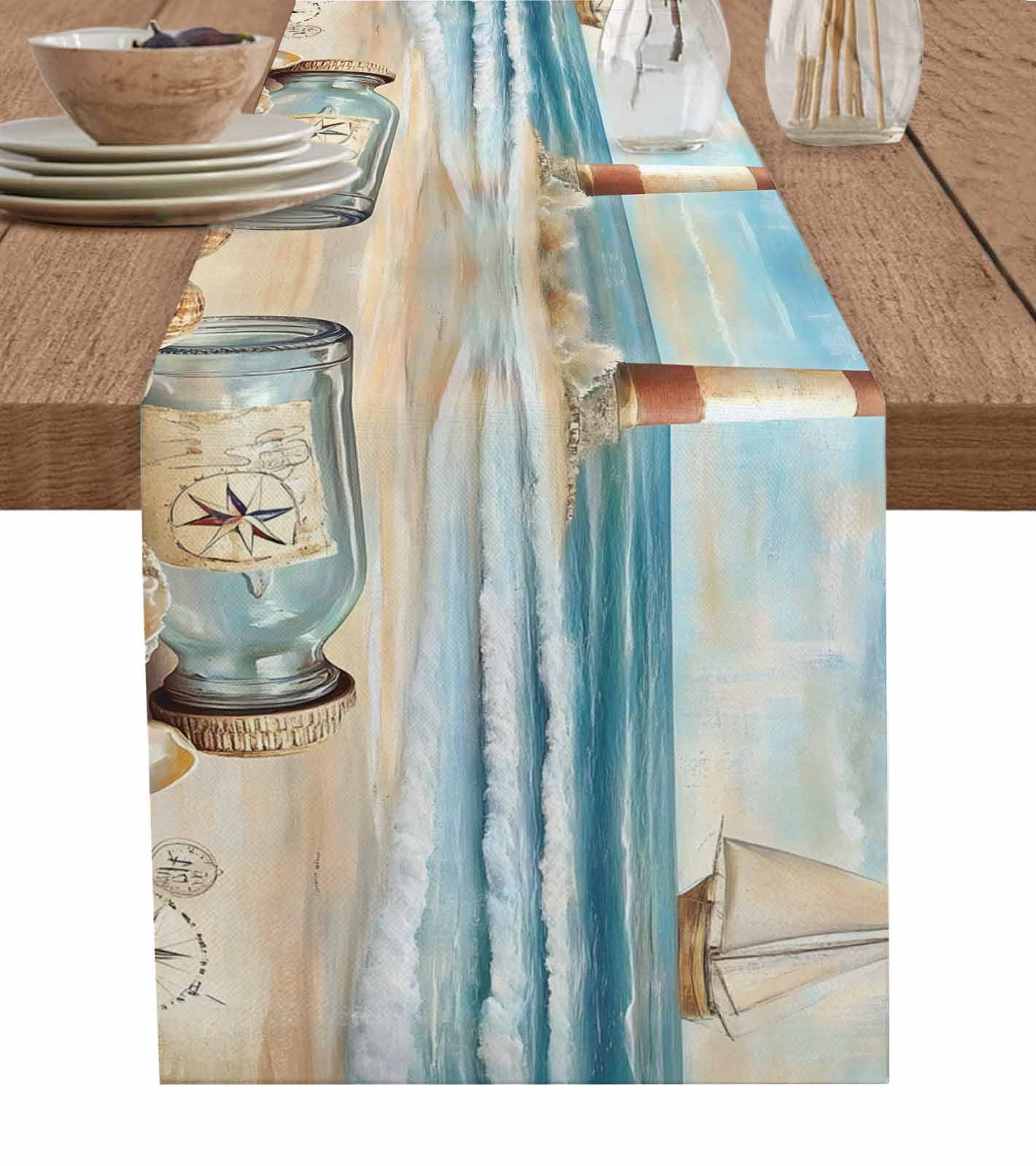 Coastal Nautical Table Runner 72 Inches, Summer Ocean Beach Wave ...