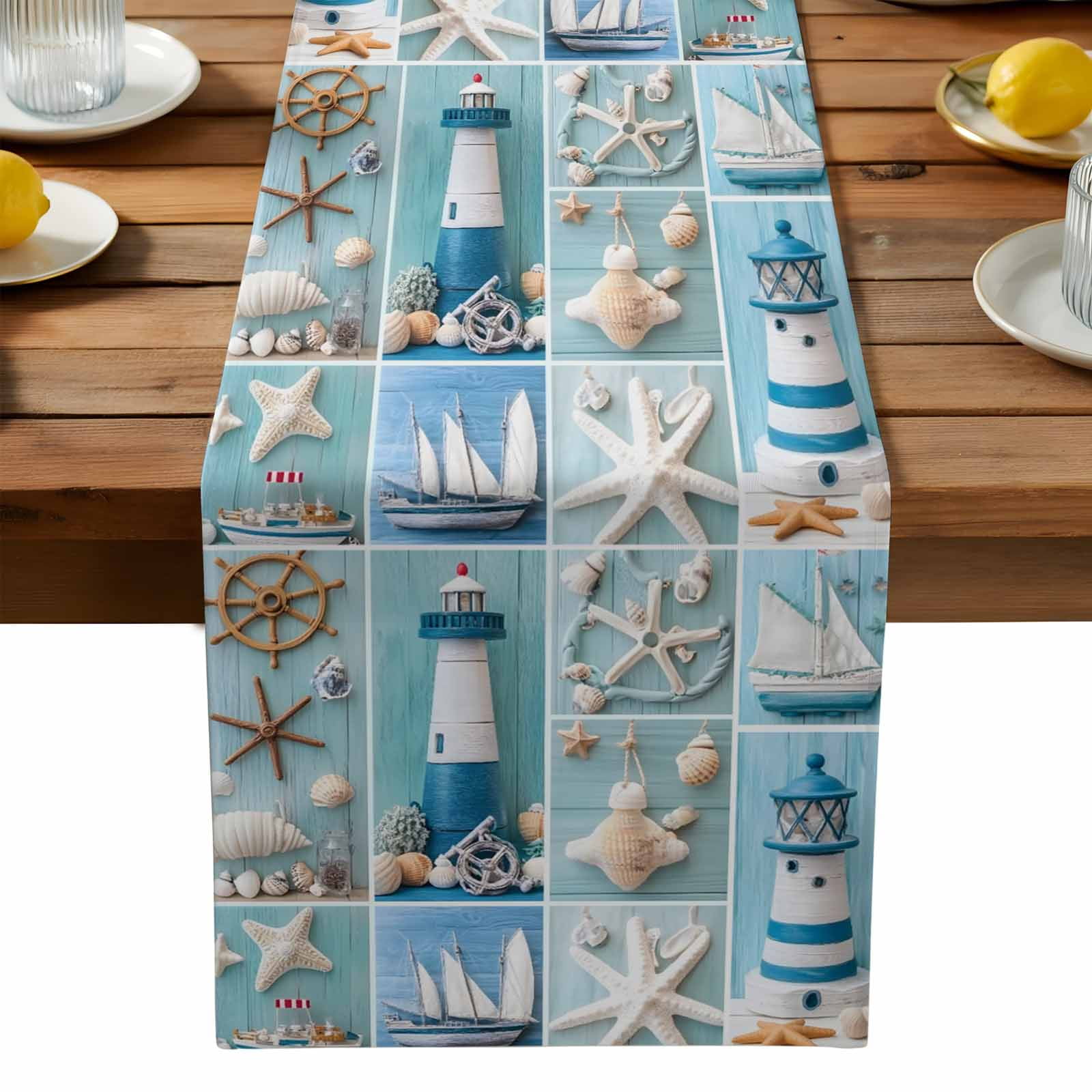 Coastal Nautical Table Runner, Beach Anchor Lighthouse Starfish Cotton ...