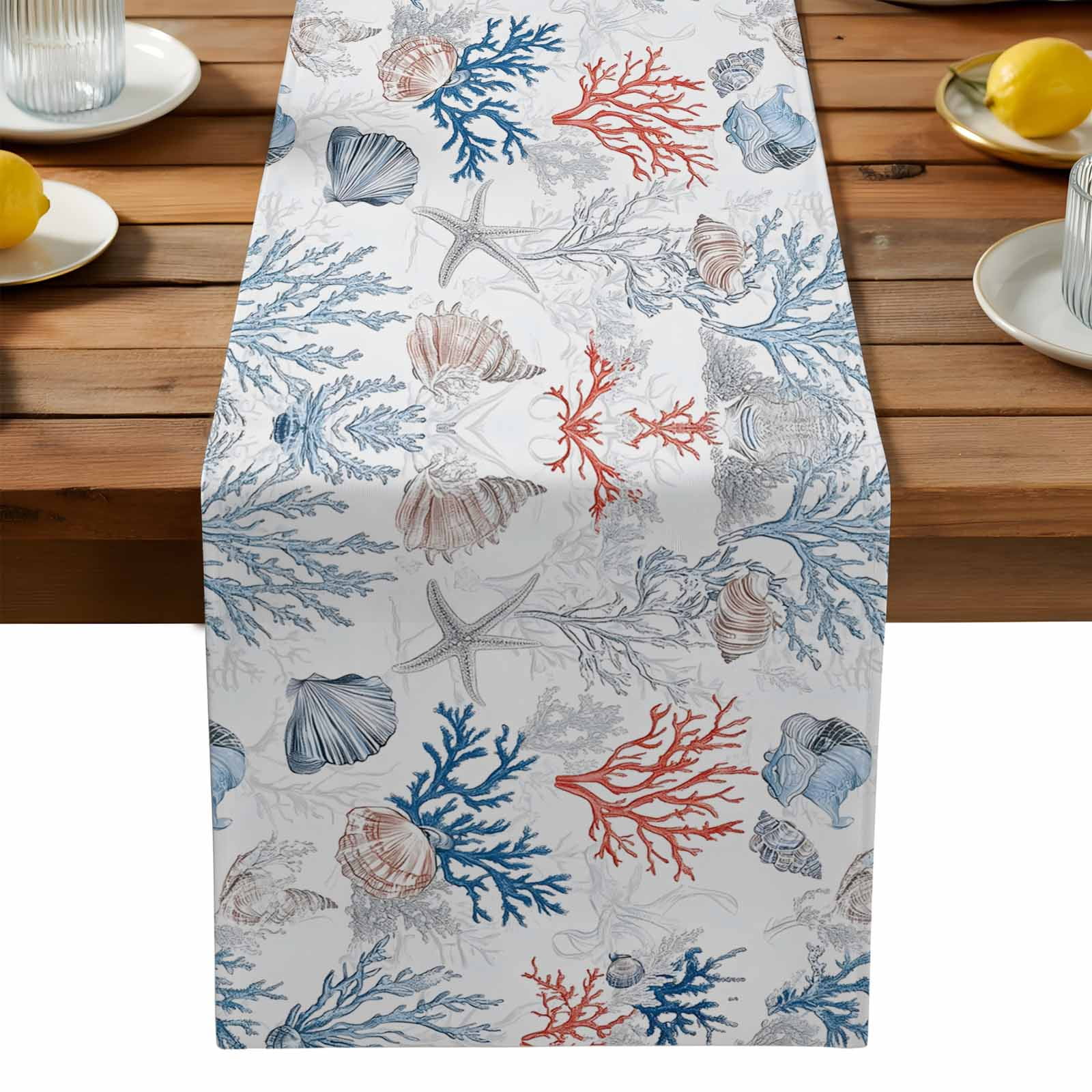 Coastal Nautical Table Runner, Ocean Coral Shell Pattern Cotton Linen ...