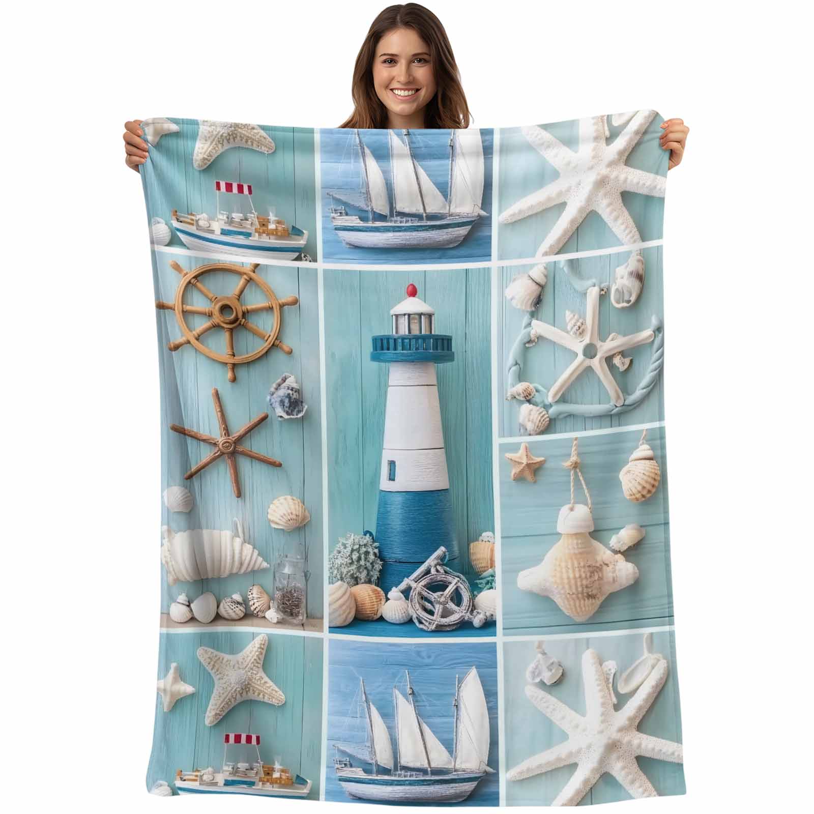 Coastal Nautical Throw Blankets, Beach Anchor Lighthouse Starfish Soft ...