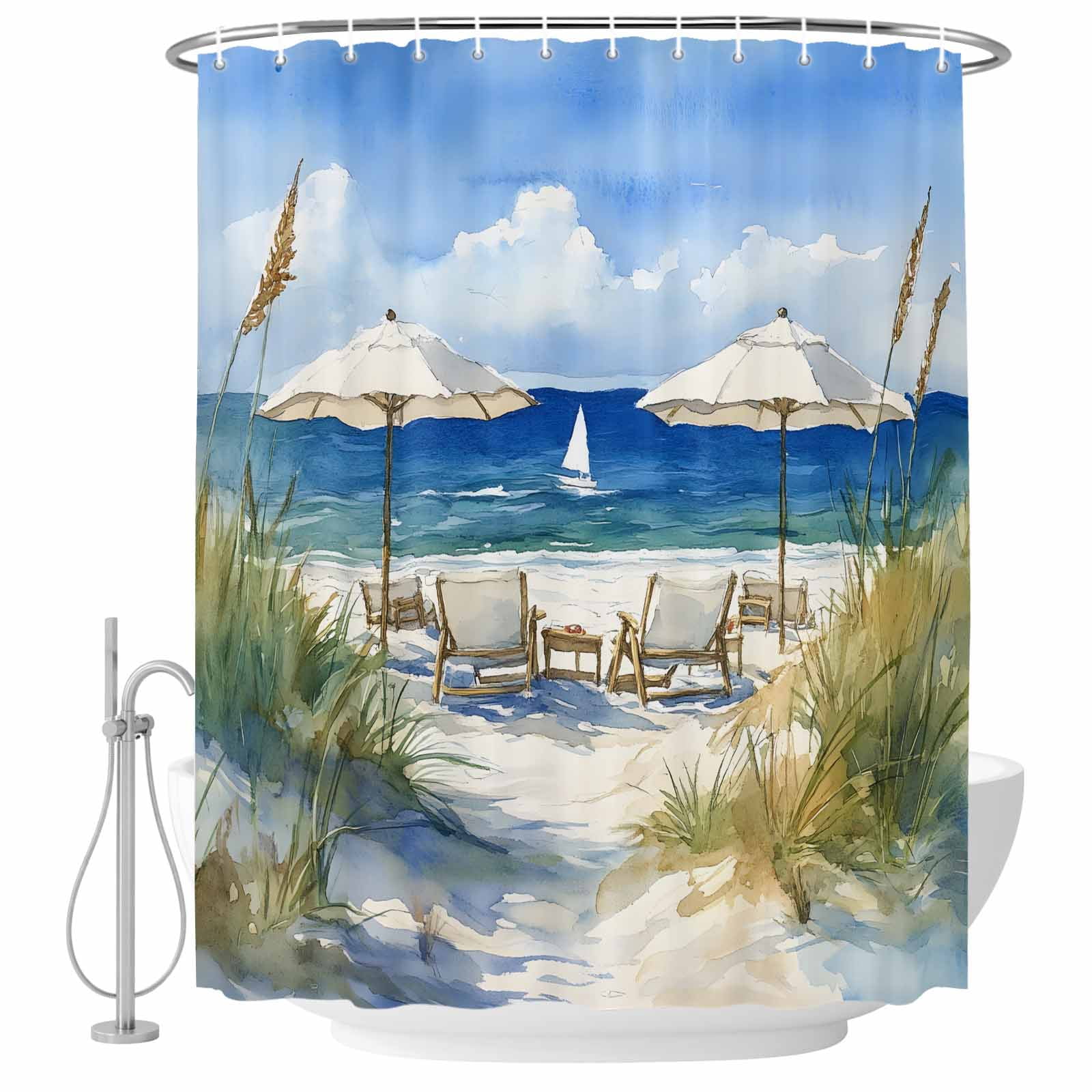 Coastal Nautical Wave Shower Curtain Set - 72" x 78" Washable Bathtub ...