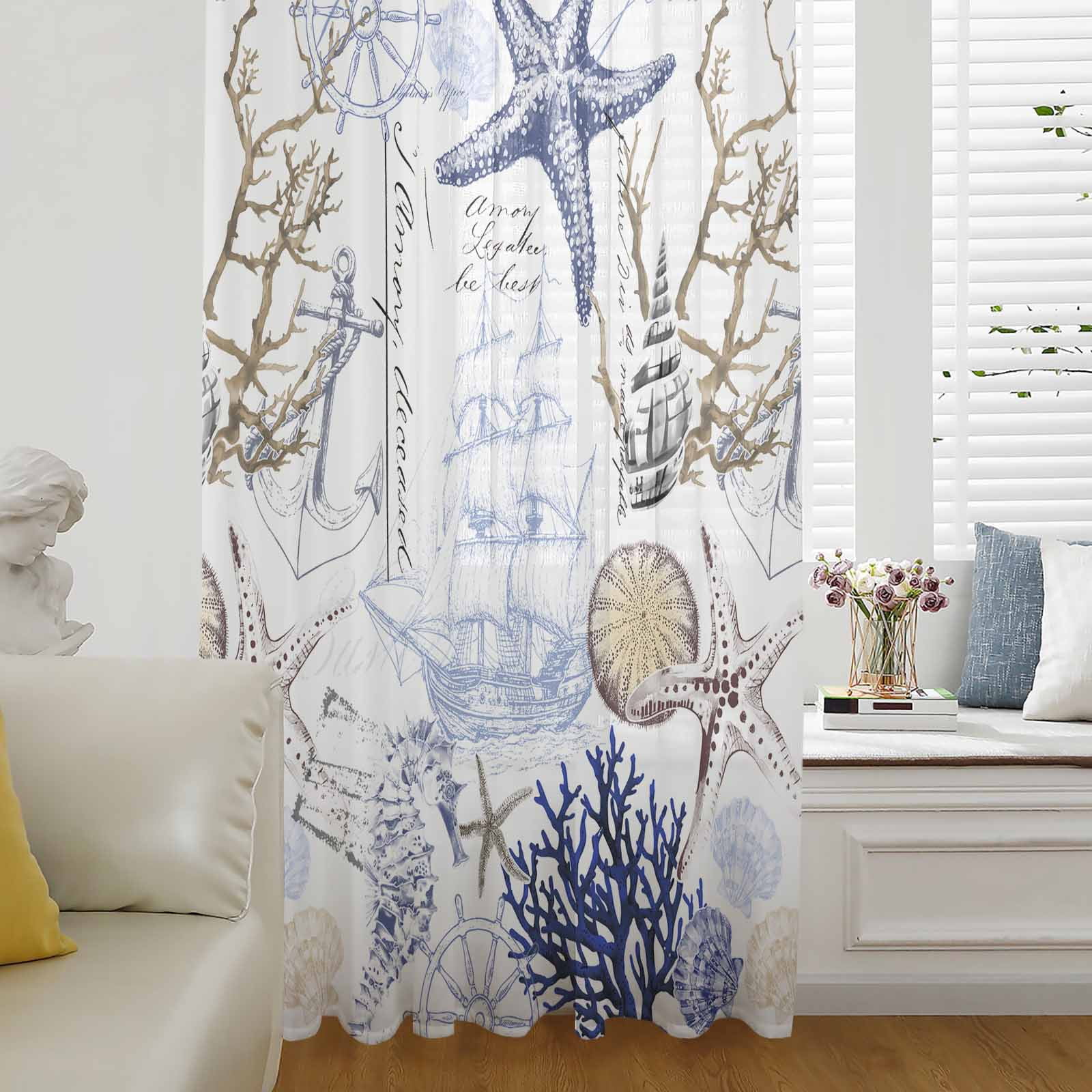 Coastal Nautical Window Curtain 72 Inches Long,Ocean Blue Starfish ...