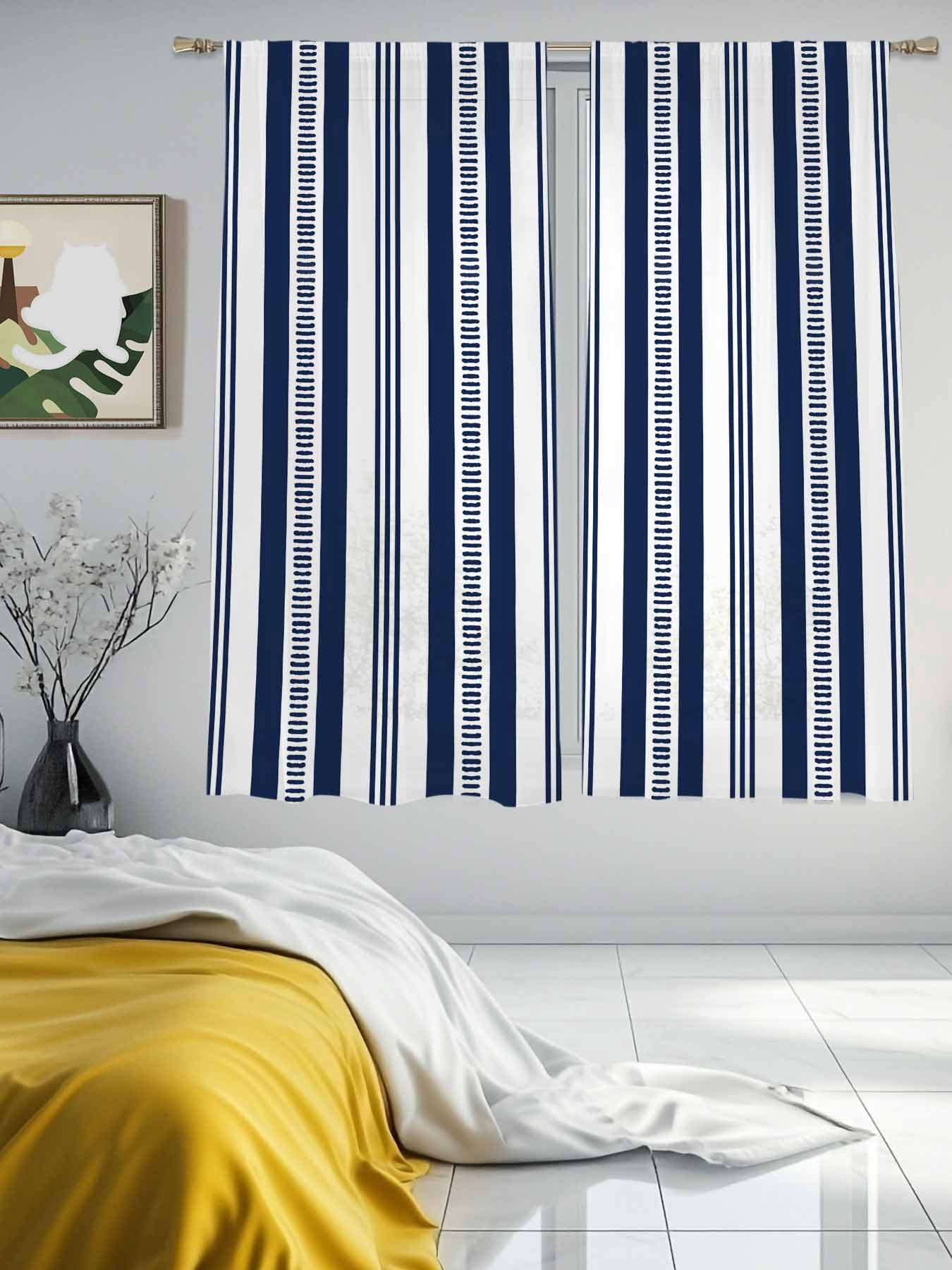 Coastal Navy Blue Geometric Line Chiffon Sheer Curtains 63 Inches Long ...