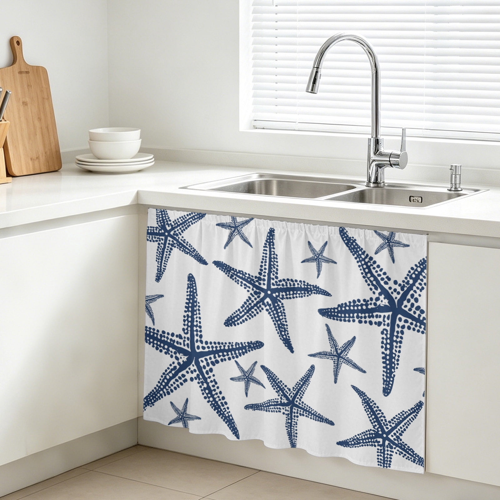 Coastal Navy Blue Starfish Cabinet Curtain, Nautical Minimalist Ocean ...