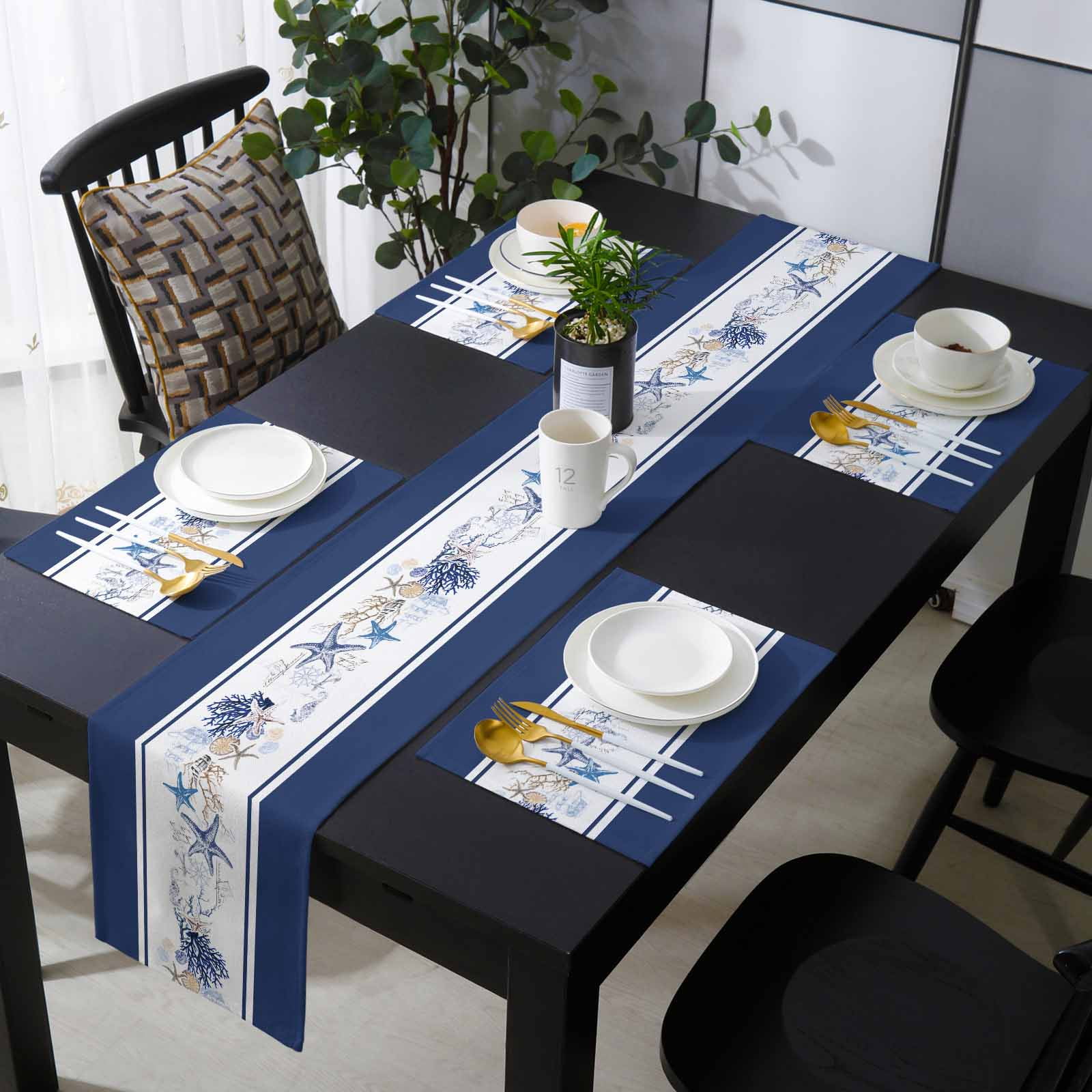 Coastal Navy Placemats Set of 6 with 90 Inches Long Table Runners,Blue ...