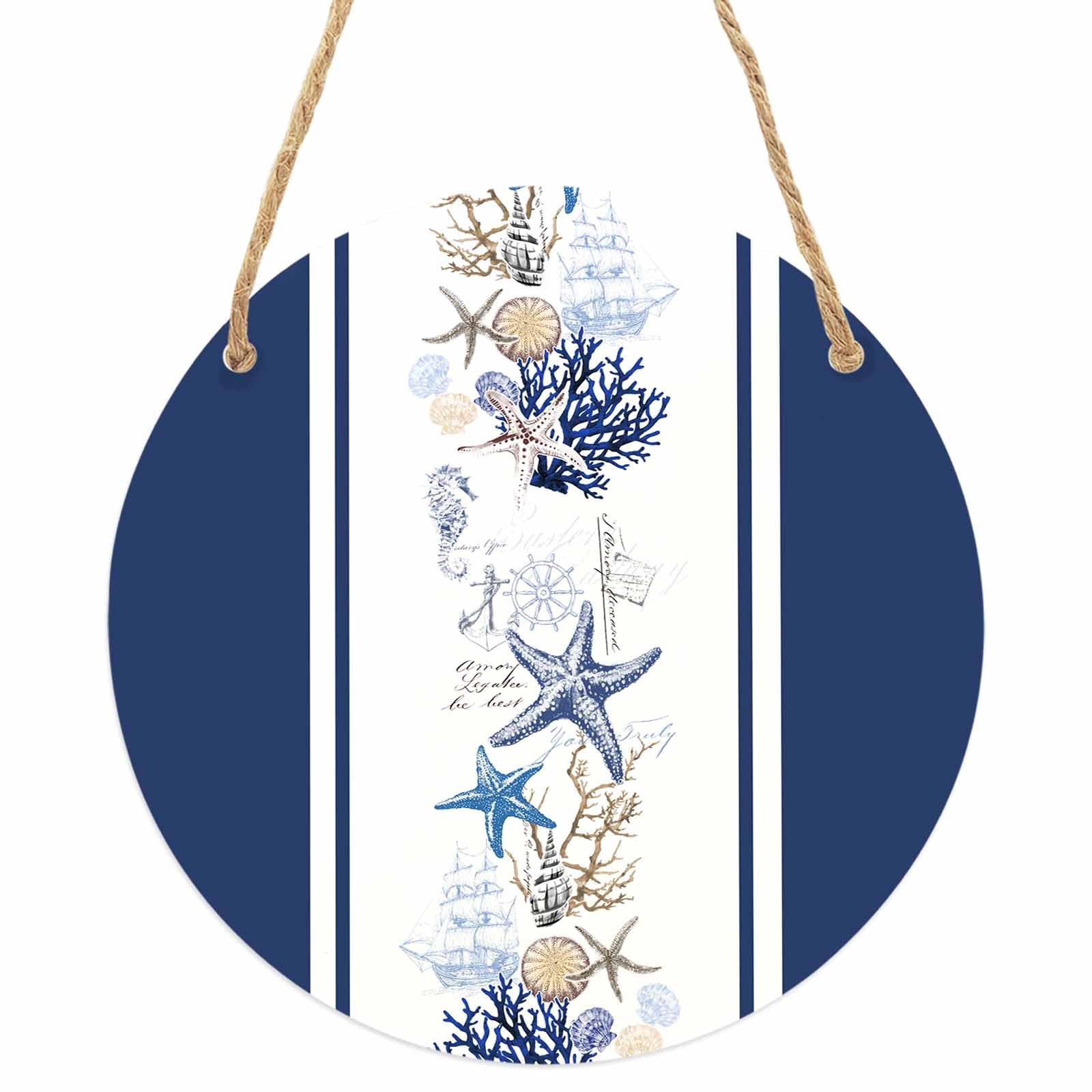 Coastal Navy Round Front Door Welcome Sign, 5.9 Inch Wall Hanging Decor ...