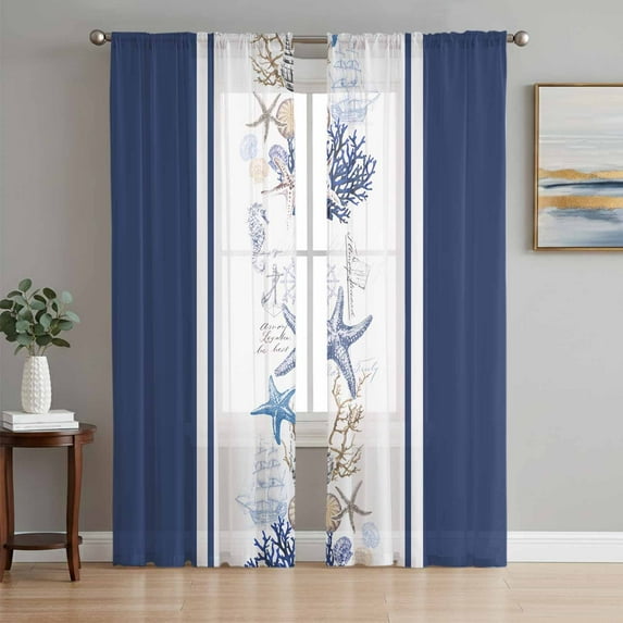 Coastal Navy Sheer Curtains 72 Inch Length 2 Panels Set, Blue Starfish ...