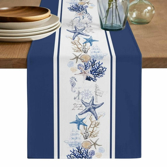 Coastal Navy Table Runner, Blue Starfish Coral Nautical Striped ...