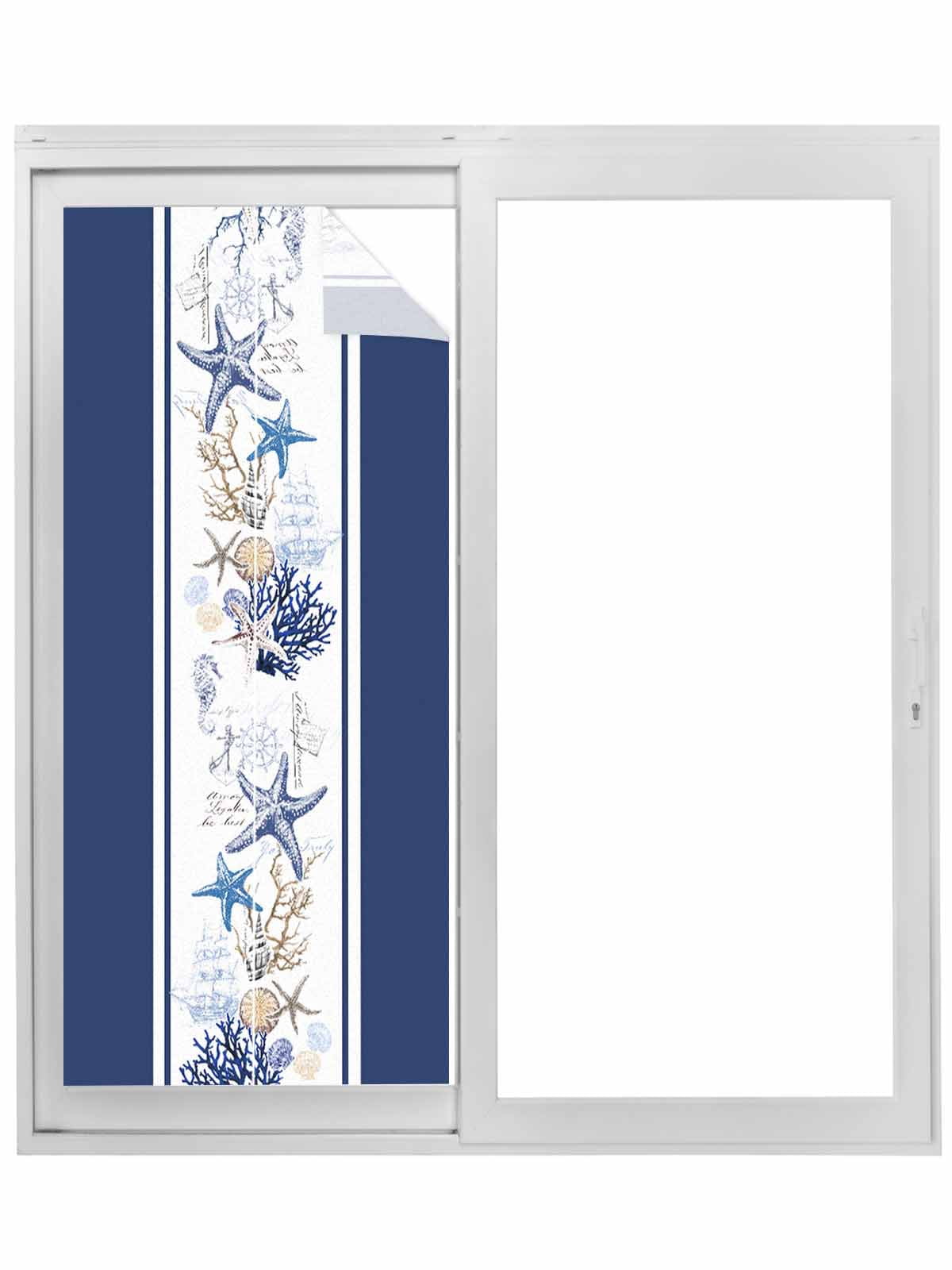 Coastal Navy Window Privacy Film, Blue Starfish Coral Nautical Striped ...