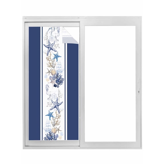 Coastal Navy Window Privacy Film, Blue Starfish Coral Nautical Striped ...