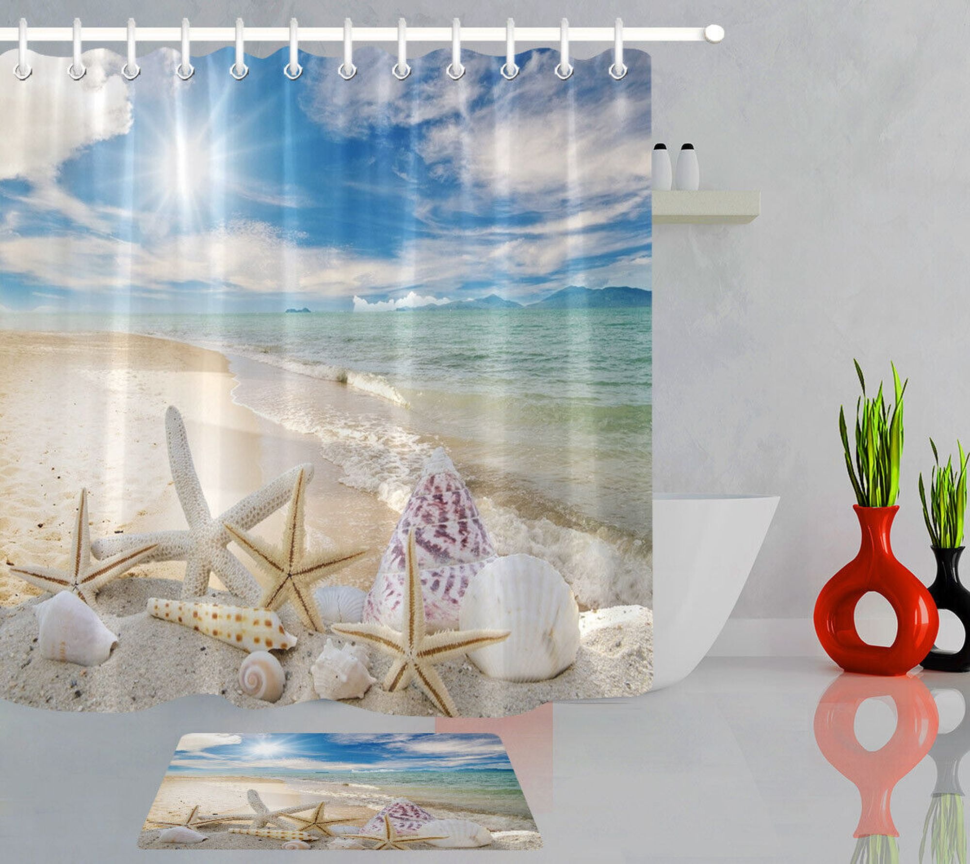 Coastal Oasis Shower Curtain - Water-Resistant Fabric with Starfish and ...