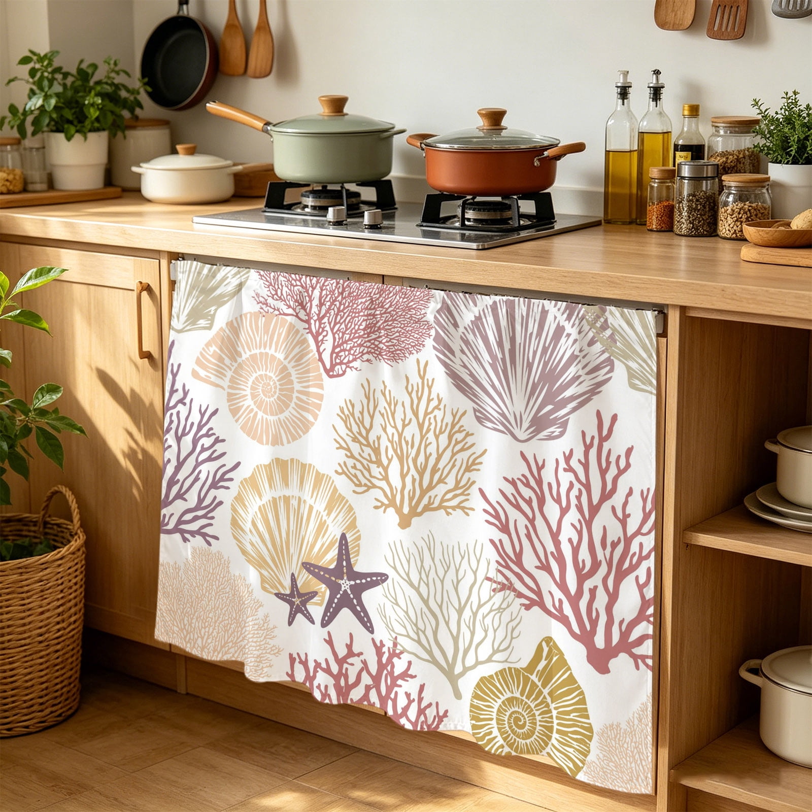 Coastal Ocean Animals Cabinet Curtains 35" W x 35" L Brown Red Yellow ...