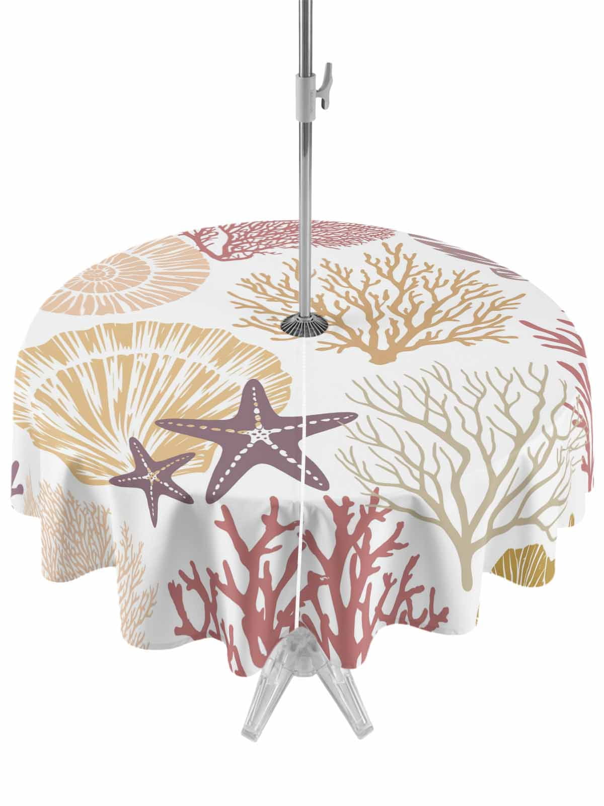 Coastal Ocean Animals Round Outdoor Tablecloth with Umbrella Hole Brown ...