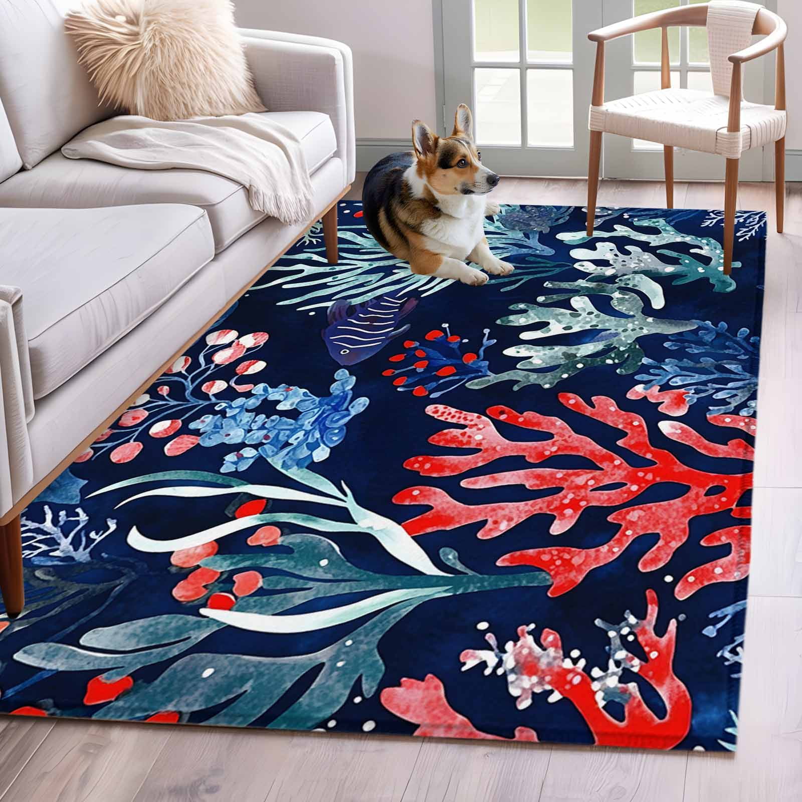 Coastal Ocean Area Rug 3x5 Washable Rug Non Slip Summer Fish Colorful ...