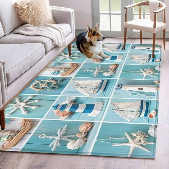 Coastal Ocean Area Rug 4x6 Washable Rug Non Slip Nautical Lighthouse ...