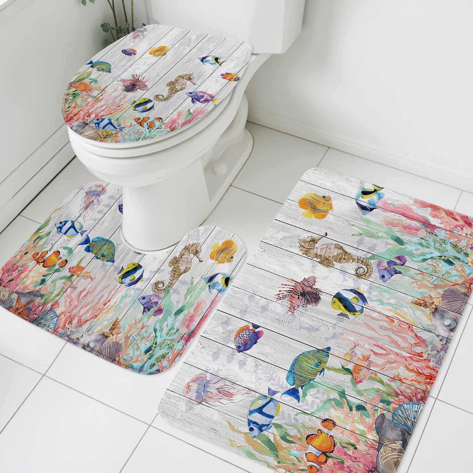 Coastal Ocean Bathroom Rugs Set Seahorse Coral Seaweed Seashell Fish ...