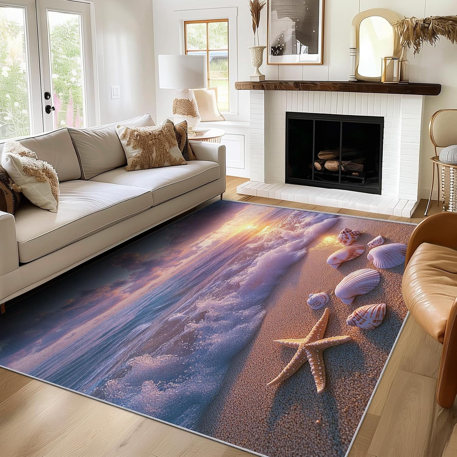 Coastal Ocean Beach Rug Washable Starfish Seashell Rugs For Living Room ...
