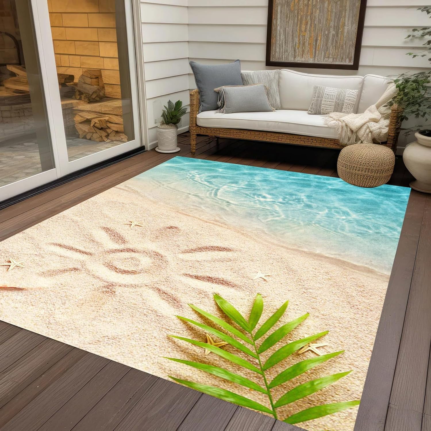Coastal Ocean Beach Theme Blue Beige Outdoor No-Slip Area Rug 3x5ft ...