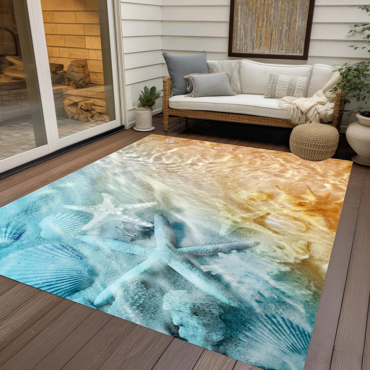 Coastal Ocean Beach Theme Indoor Oudoor Waterproof Area Rug 4x5ft Star ...