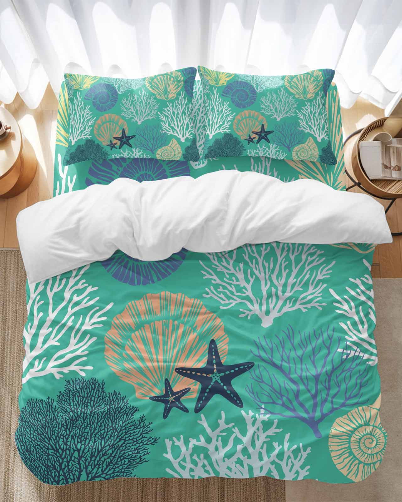 Coastal Ocean Bedding Duvet Cover Set Full Size 4 Pieces Starfish Shell ...