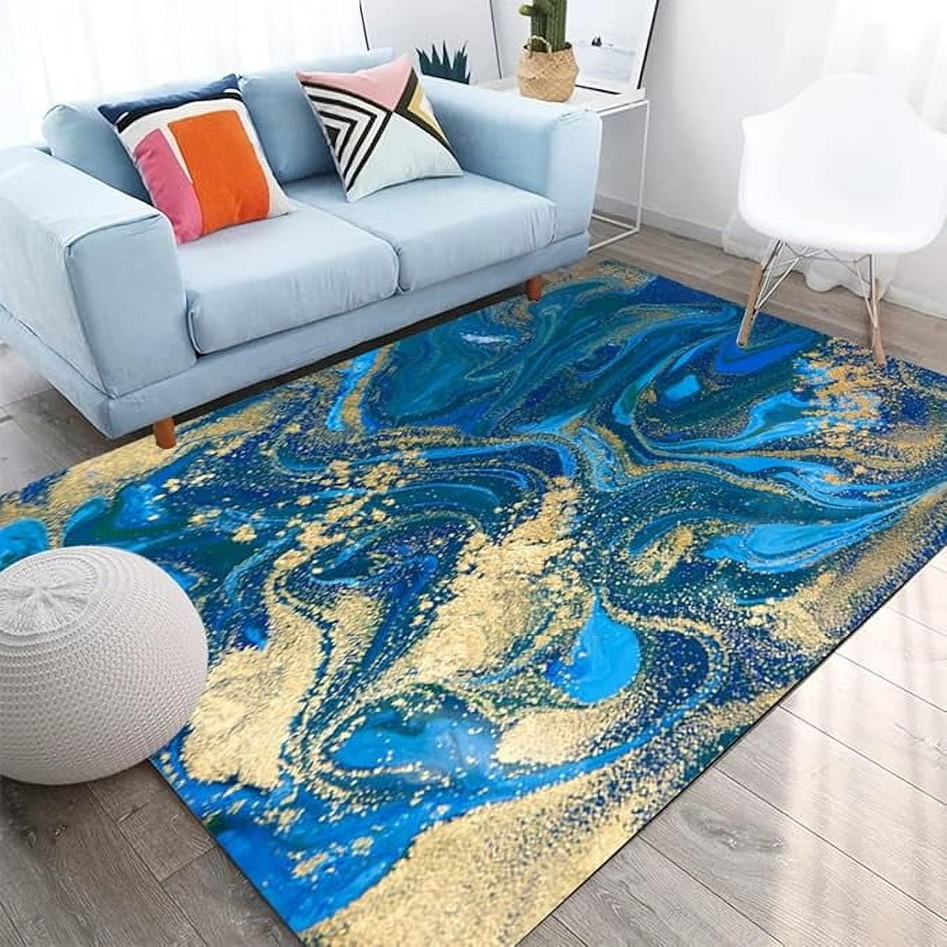 Coastal Ocean Blue Gold Liquid Abstract Modern Area Rugs Boho Washable ...