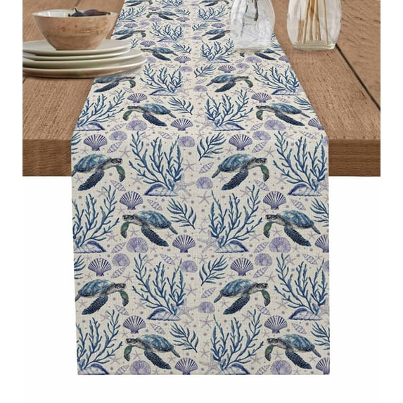 Coastal Ocean Burlap Cotton Table Runner 13x70 Inches Long, Blue Turtle ...