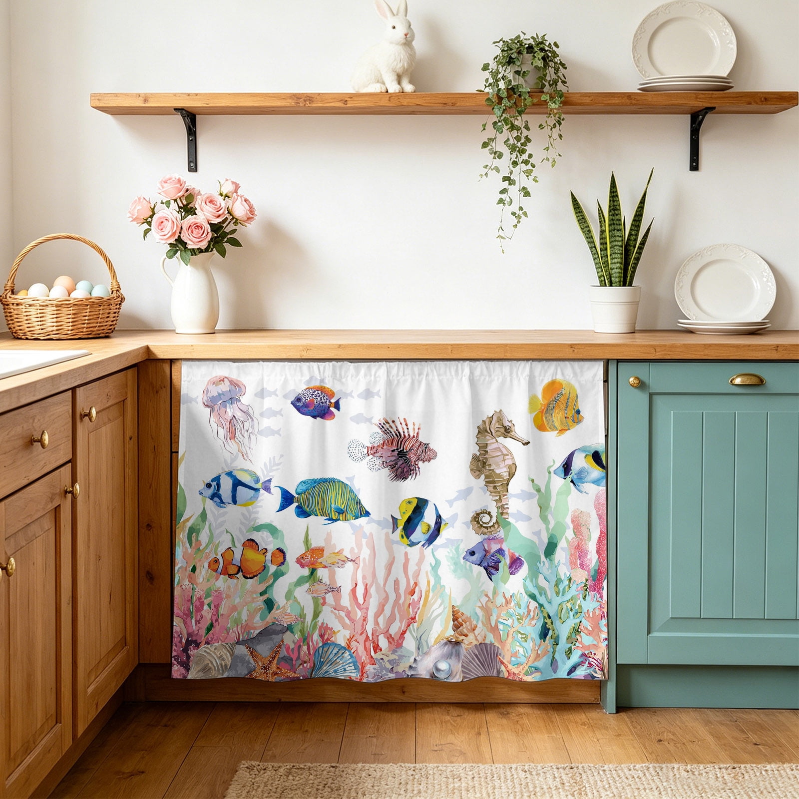 Coastal Ocean Cabinet Curtains 10" W x 11" L Seahorse Coral Seaweed ...
