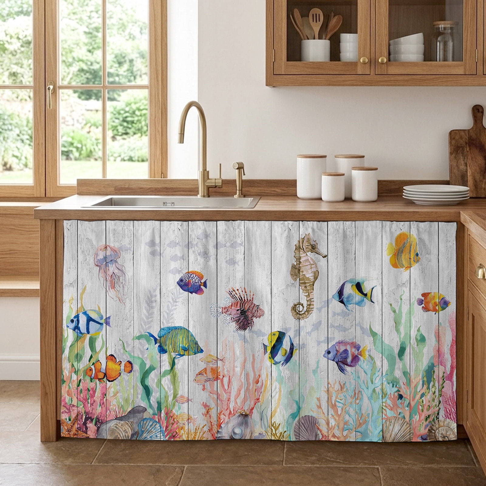 Coastal Ocean Cabinet Curtains 32" W x 55" L Seahorse Coral Seaweed ...