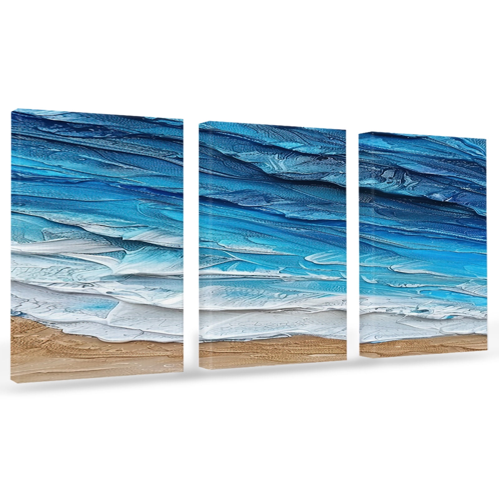 Coastal Ocean Canvas Wall Art 3 Panels, Beach Dark Blue Waves Gradient ...