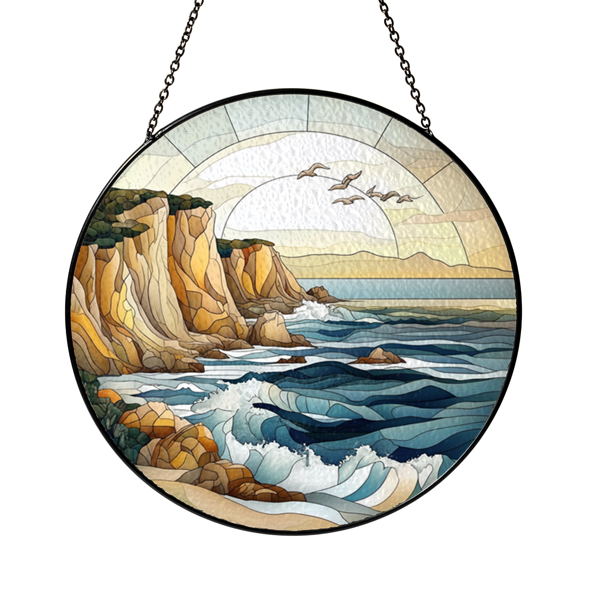 Coastal Ocean Cliff Waves Stained Glass Style Suncatcher, Real Glass ...