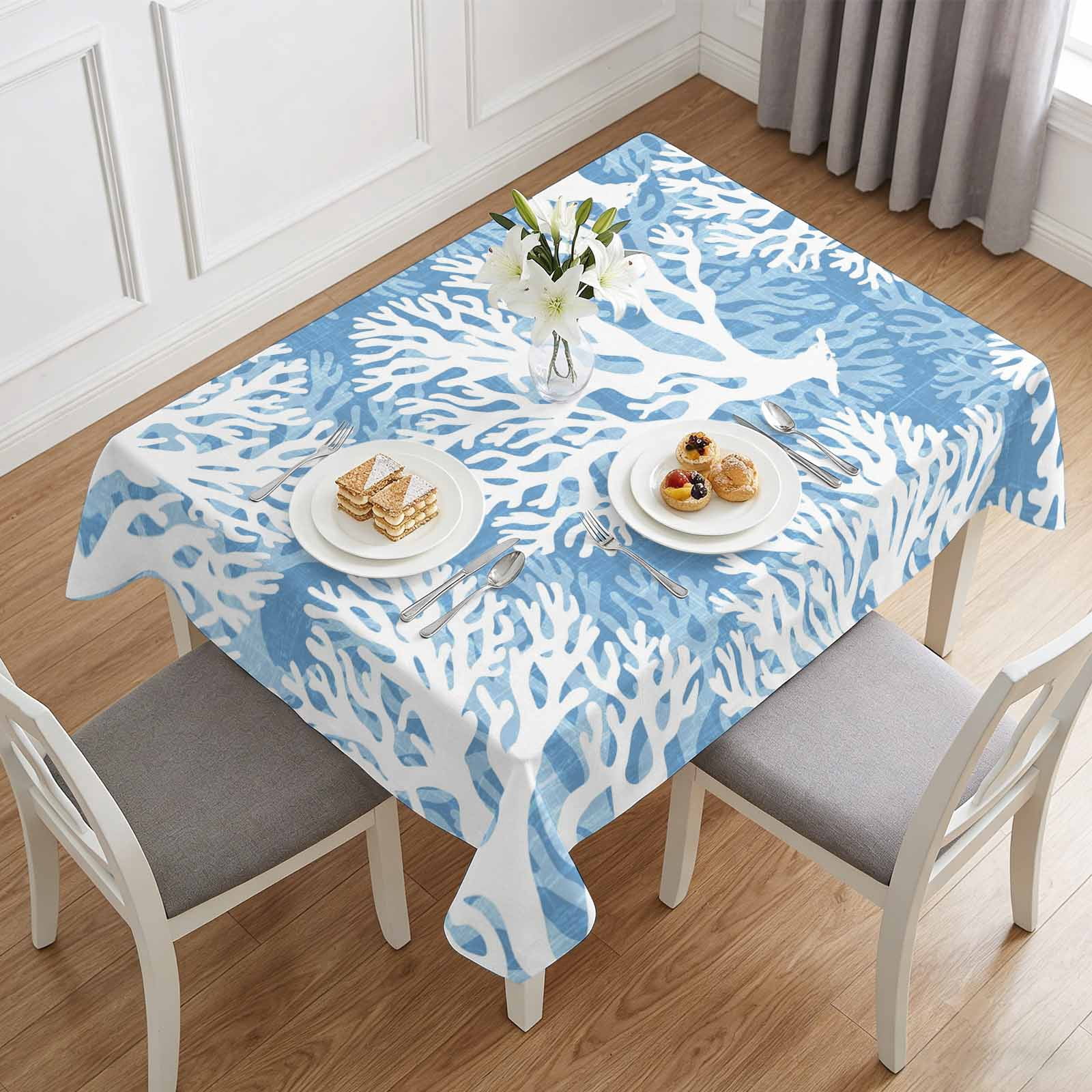Coastal Ocean Coral on Blue Table Cloth 60x84in, Waterproof Rectangle ...