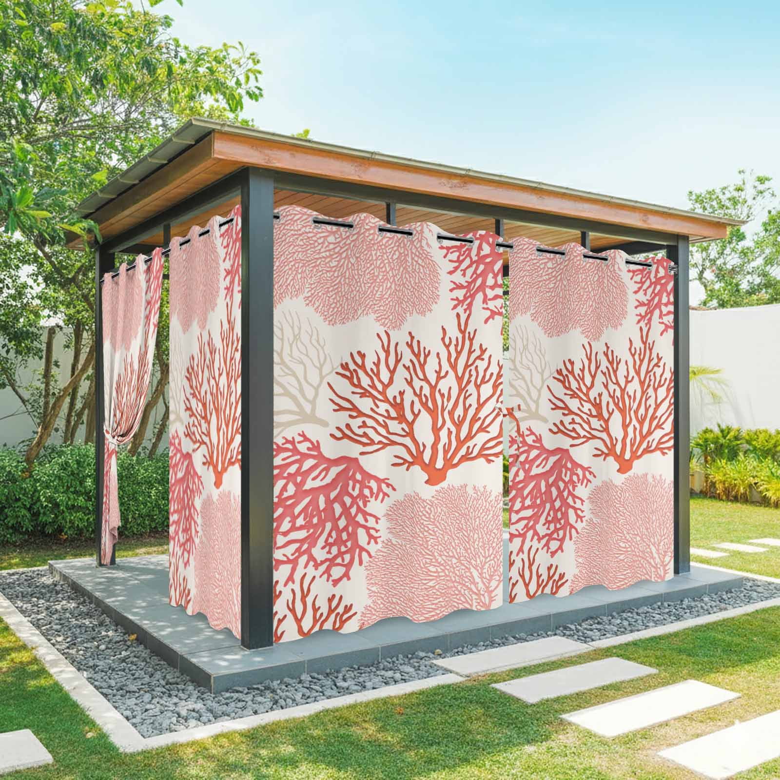 Coastal Ocean Coral Outdoor Curtains for Patio Waterproof, Red Pink ...