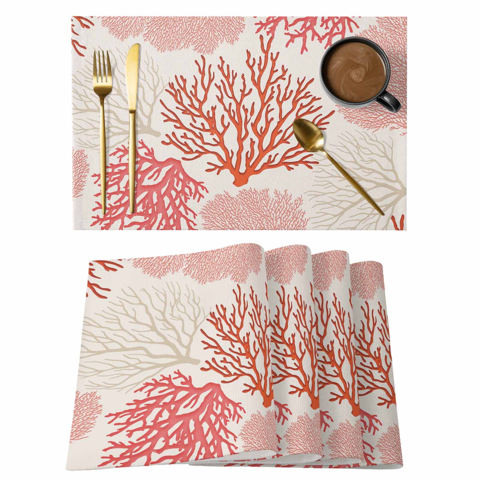 Coastal Ocean Coral Placemats Set of 12 Red Pink Theme Pattern Heat ...