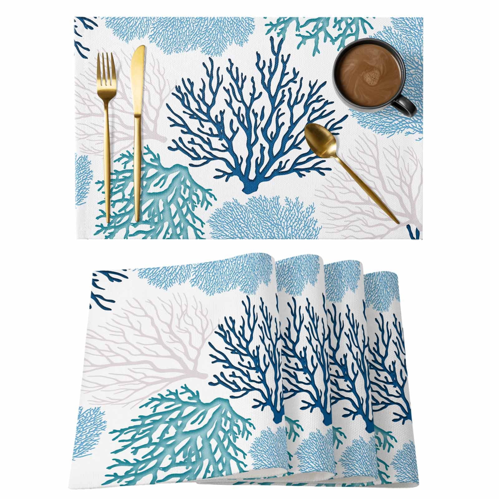 Coastal Ocean Coral Placemats Set of 2 Sea Blue Pink Theme Pattern Heat ...
