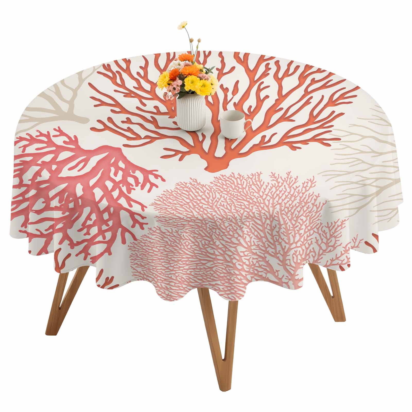 Coastal Ocean Coral Round Tablecloth 60 inches Red Pink Theme Pattern ...
