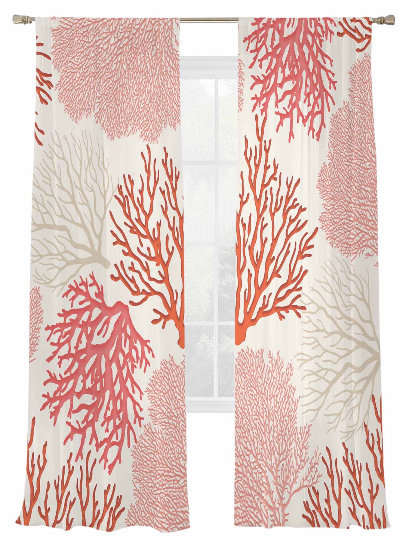 Coastal Ocean Coral Sheer Curtains 108 Inches Long 2 Panels, Red Pink ...