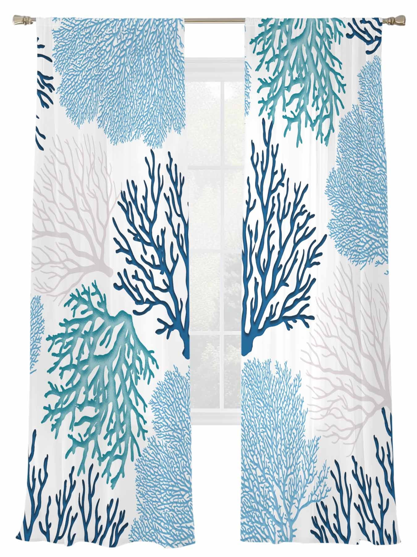 Coastal Ocean Coral Sheer Curtains 84 Inch Long 2 Panels, Sea Blue Pink ...